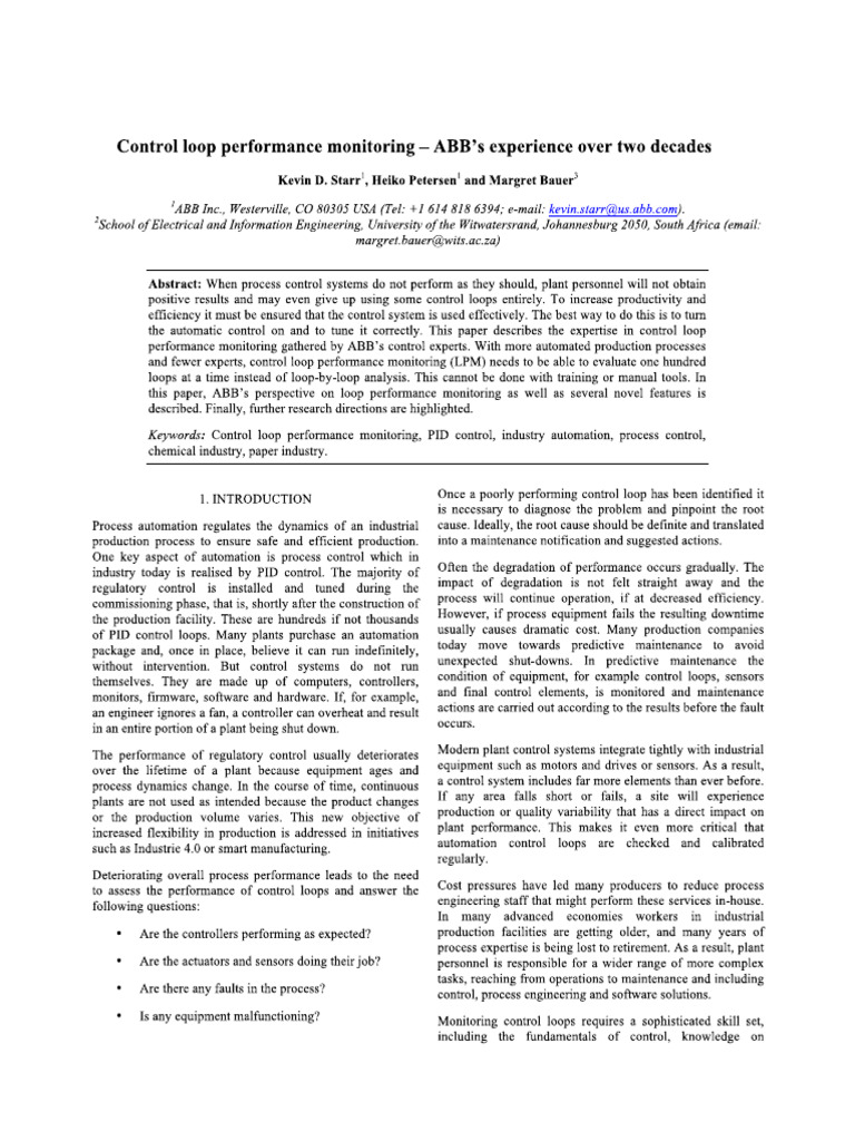 Control Loop Performance Monitoring ABB Experience Over Two Decades | PDF