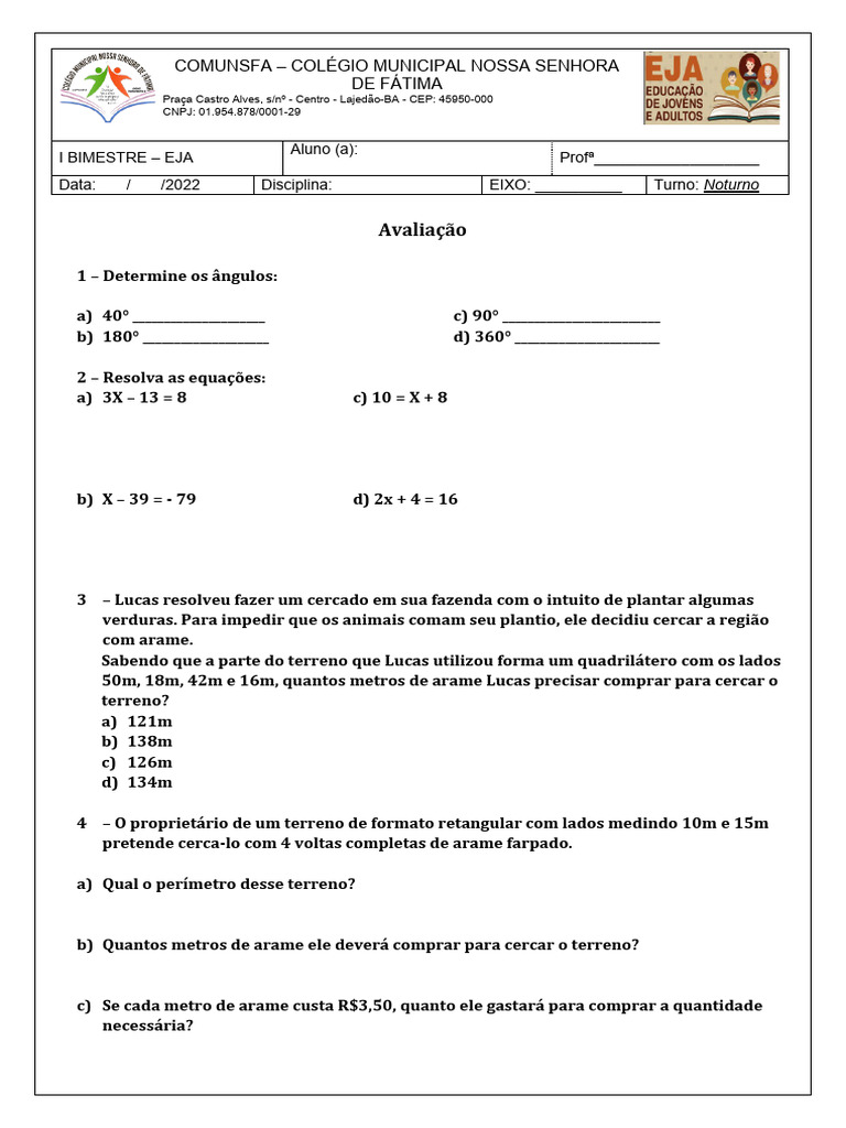 1 - Avaliação de Matematica - Eixo V - Moanne | PDF | Métodos e ...