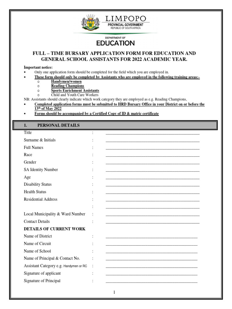 LDOE Bursary Application Form For PYEI School Assistants 2022 ...