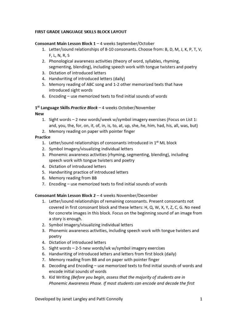 First Grade Language Skills Curriculum | PDF | Consonant | Phonics