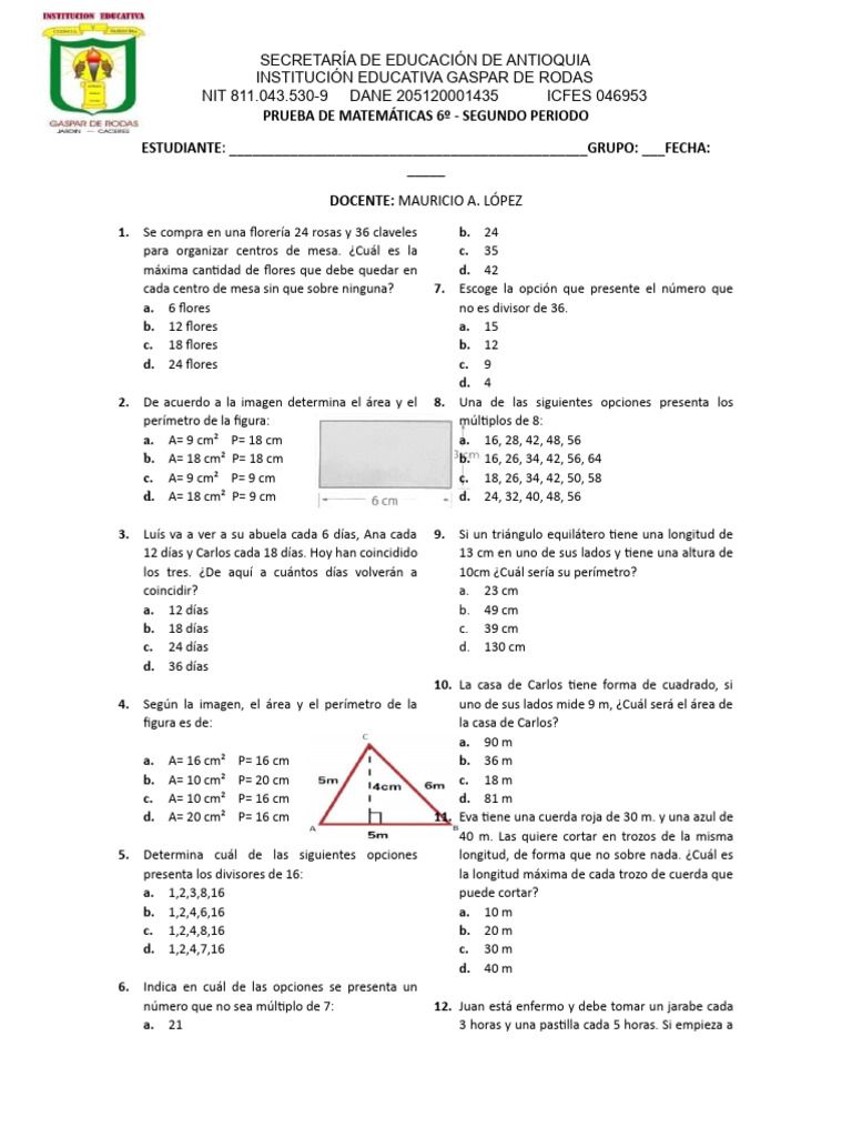 Prueba Matemáticas 6º - 2do P - 1 | PDF