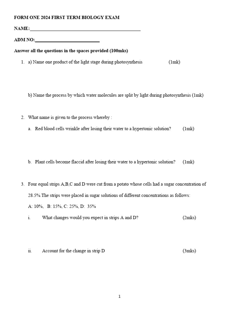 Biology Form 1 Term 1 | PDF | Enzyme | Photosynthesis