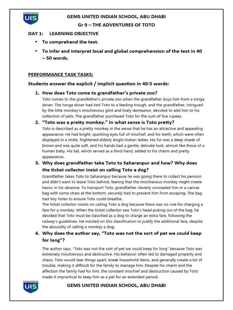 The Adventures of Toto - Answer Key | PDF