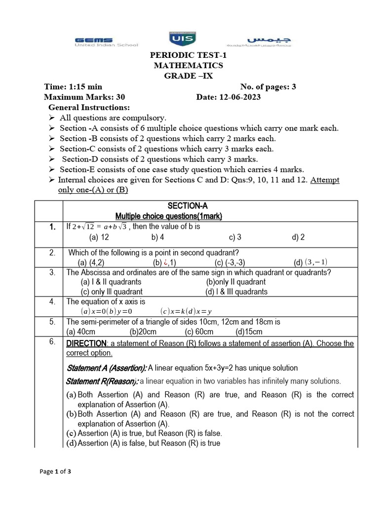 GR 09 Pt1-Mathematics Sample QN Paper | PDF | Cartesian Coordinate ...