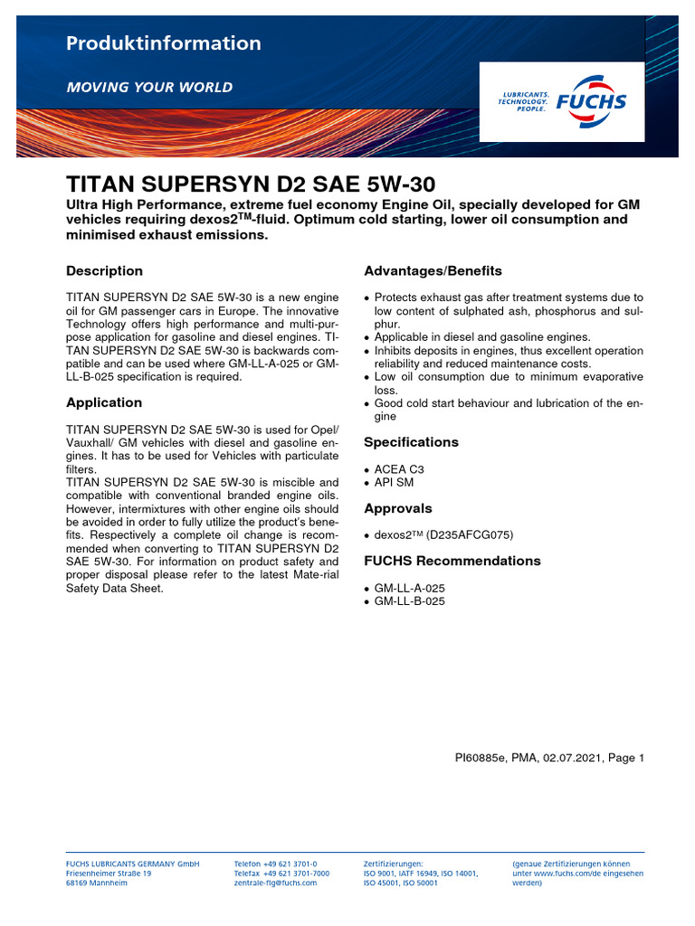Fuchs Titan Supersyn d2 Sae 5w-30-1 | PDF