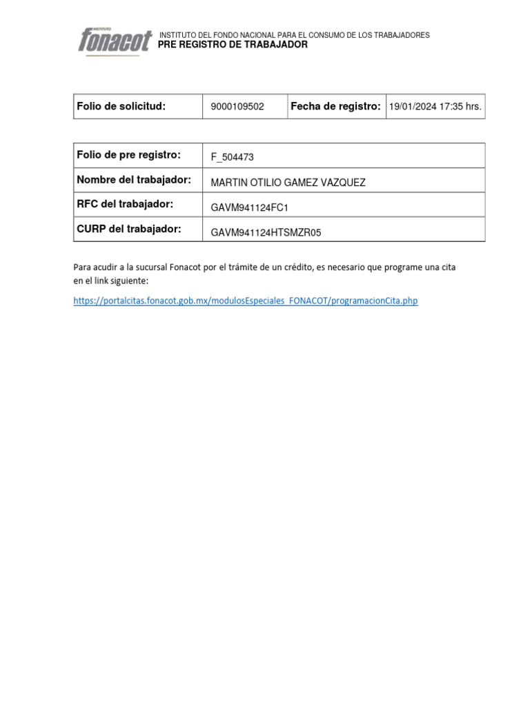 Folio de Pre Registro Fonacot | PDF | Finanzas y dinero | Derecho