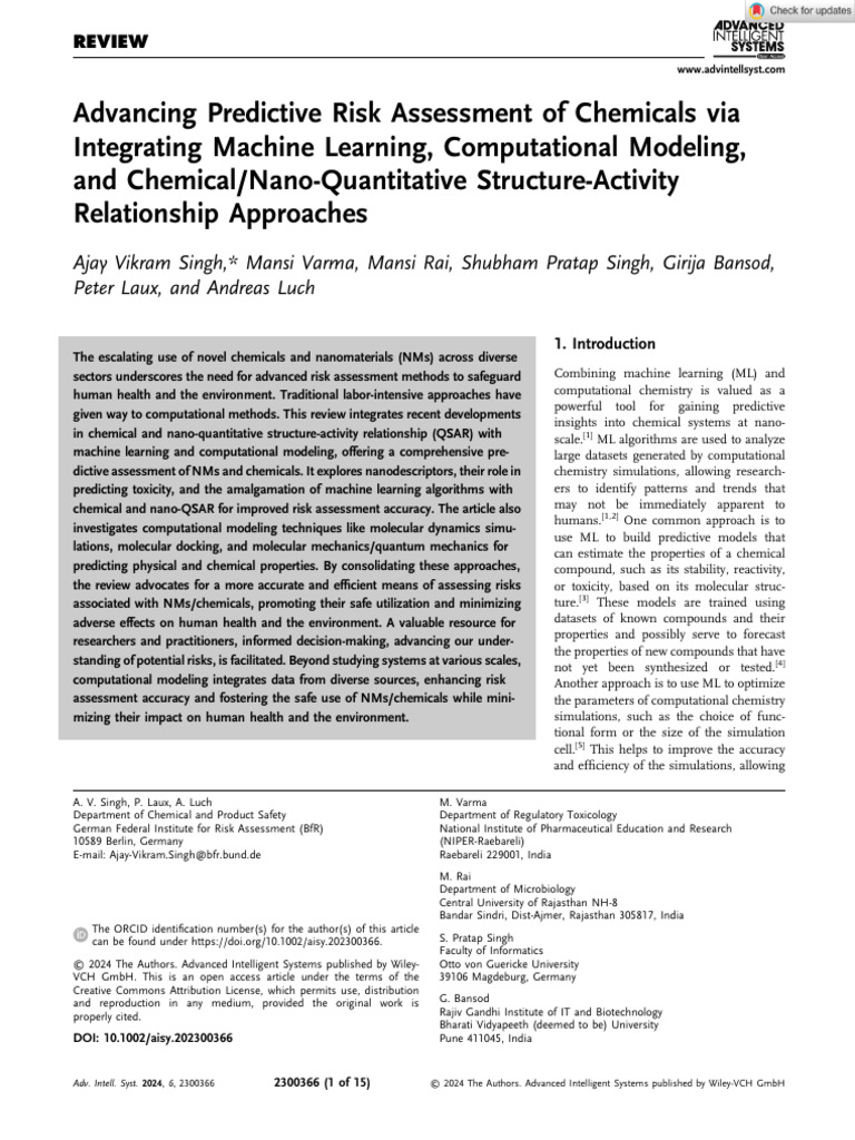 Advanced Intelligent Systems - 2024 - Singh - Advancing Predictive Risk Assessment of Chemicals ...