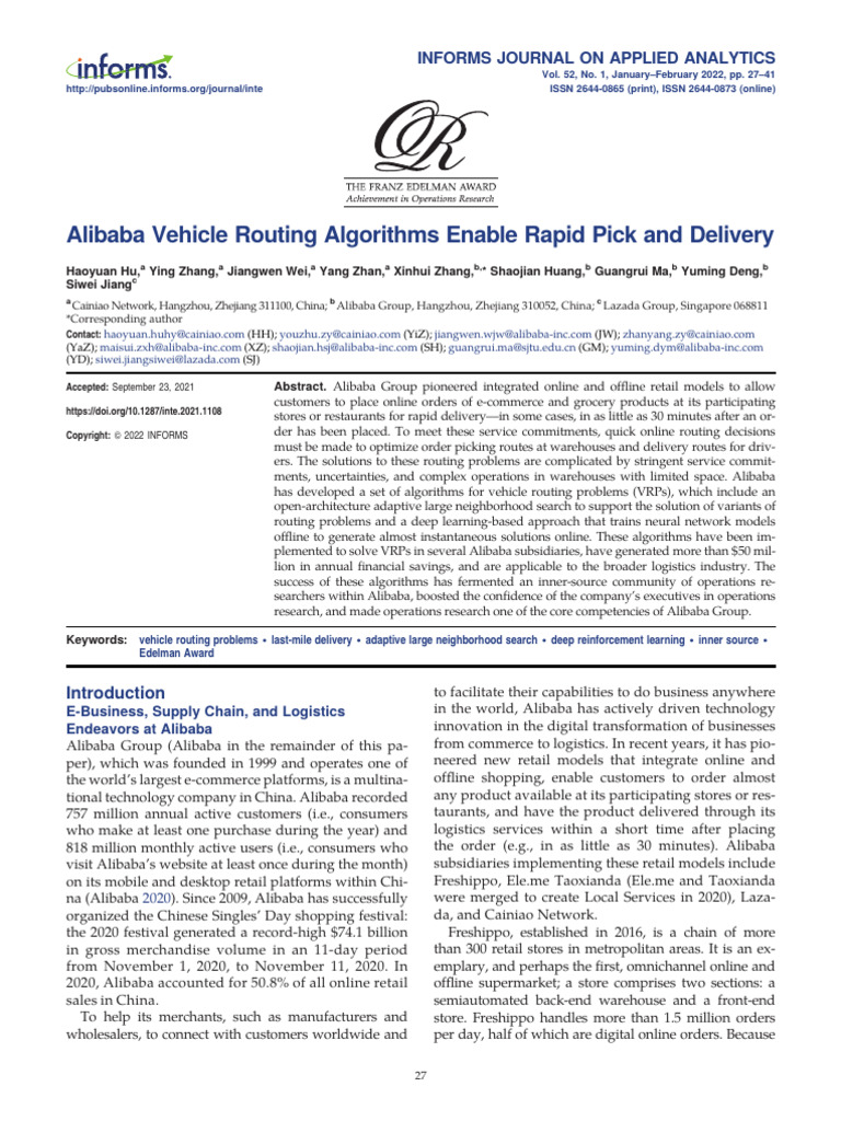 Alibaba Vehicle Routing Algorithms Enable Rapid Pick and Delivery | PDF ...