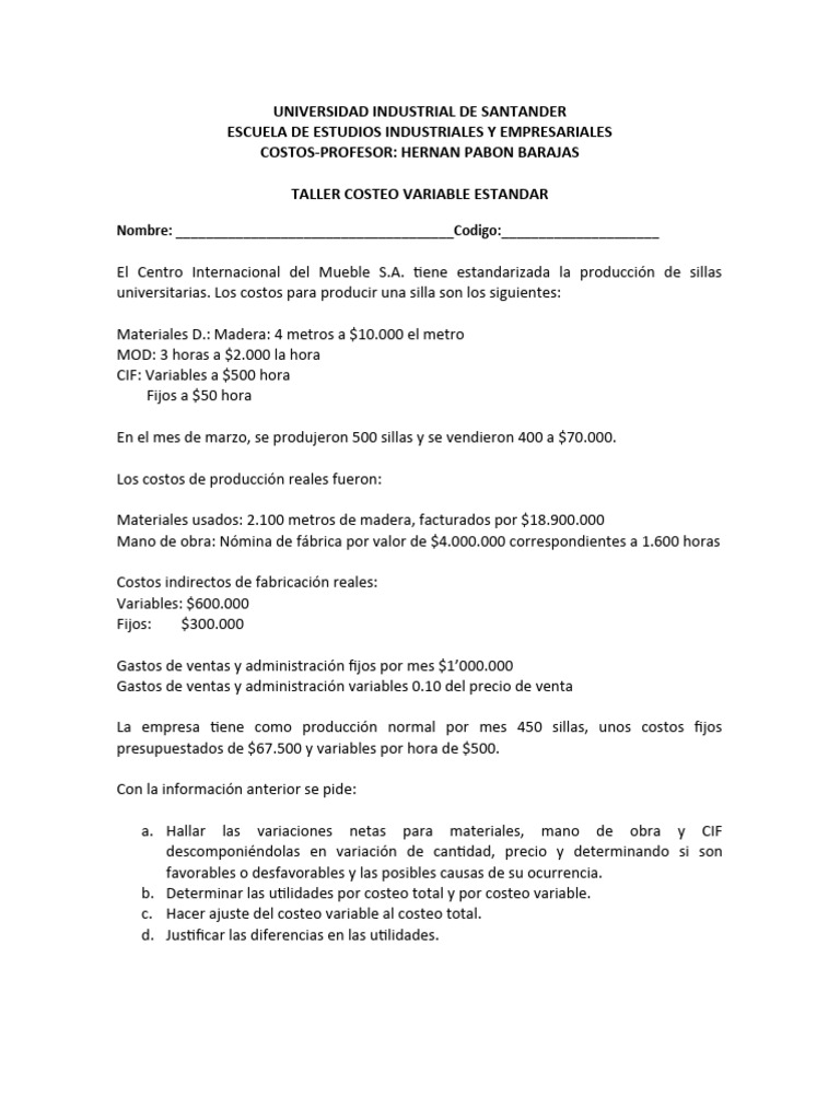 Taller Costeo Variable | PDF Taller Costeo Variable | PDF