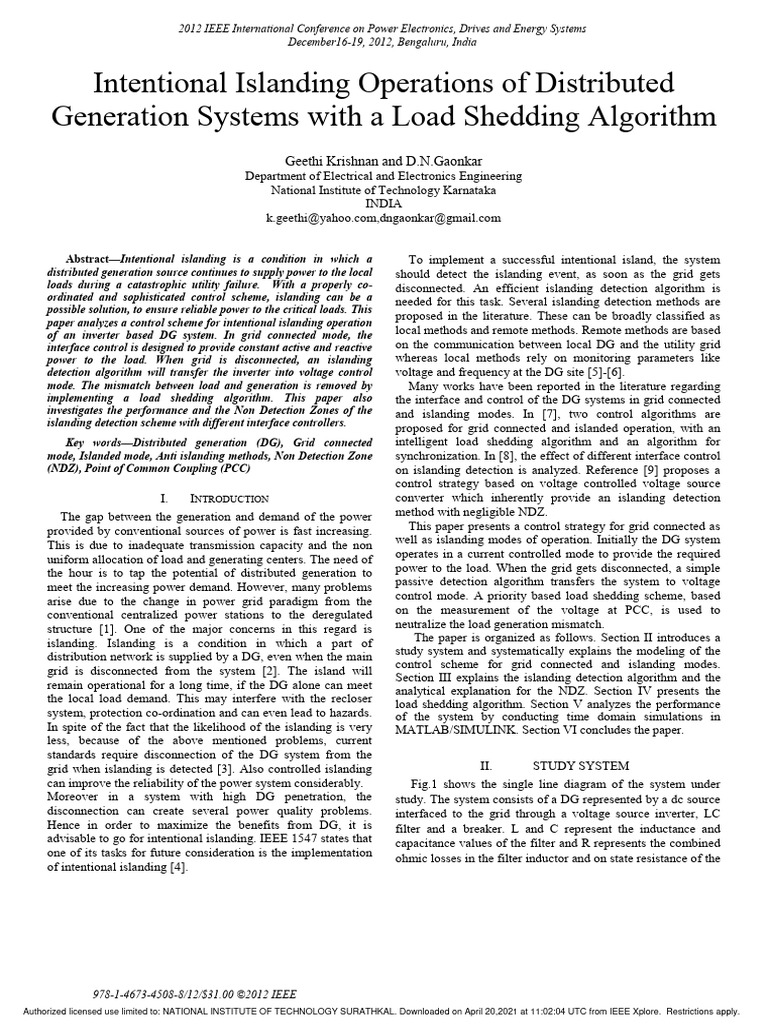 Intentional Islanding Operations of Distributed Generation Systems With A Load Shedding ...