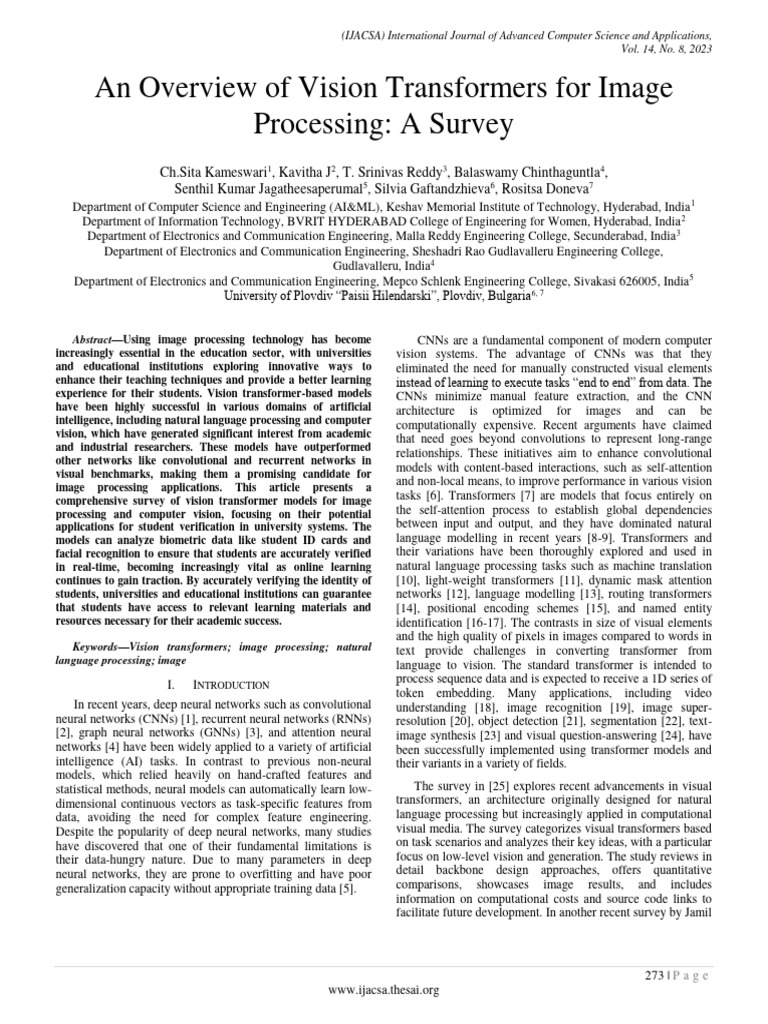 An Overview of Vision Transformers For Image Processing A Survey | PDF | Computer Vision | Image ...