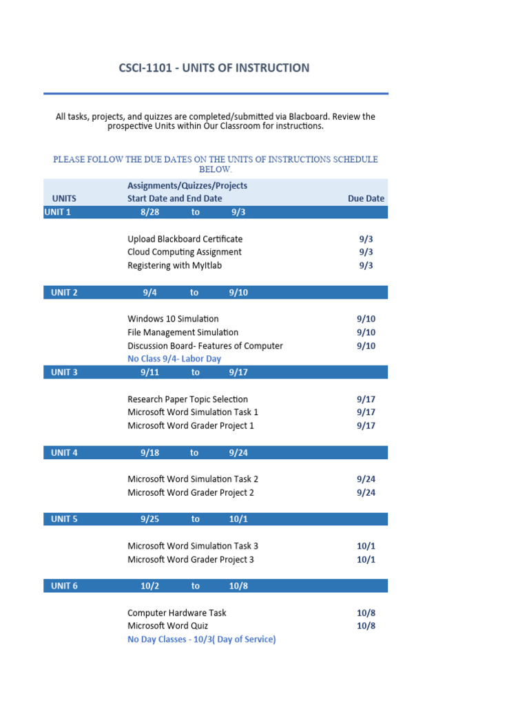 Units of Instruction Autumn 23 Tuesday and Thursday | PDF | Quiz ...
