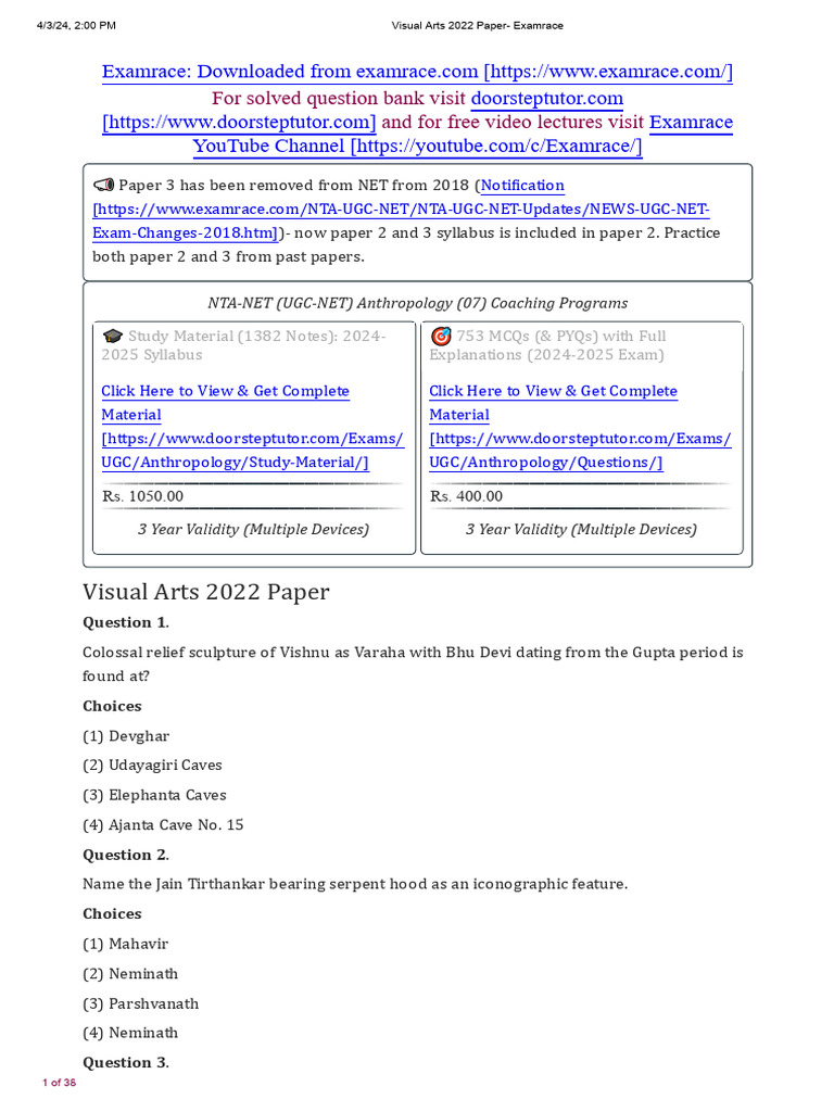 UGC NET Visual Arts 2022 Question Paper | PDF | Lithography | Printmaking