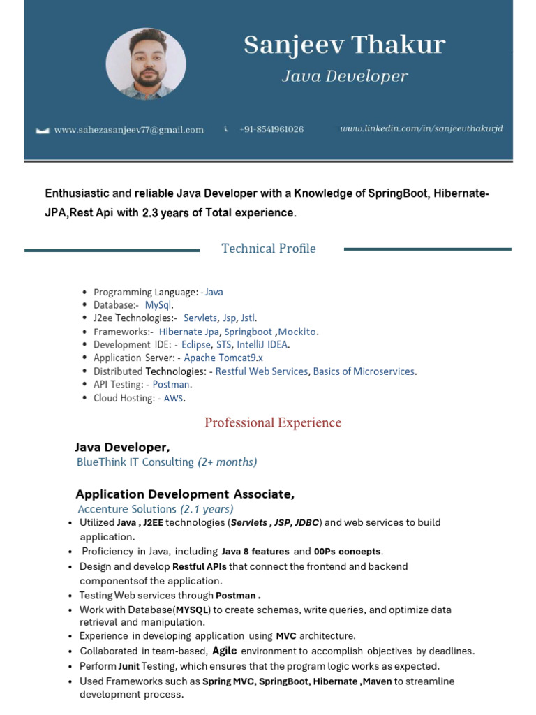 Enthusiastic Reliable Java Developer With Knowledge Spring JPA, Rest Api of Total Experience ...