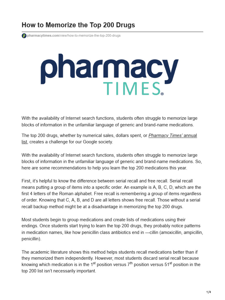 How To Memorize The Top 200 Drugs | PDF | Drugs | Pharmacology