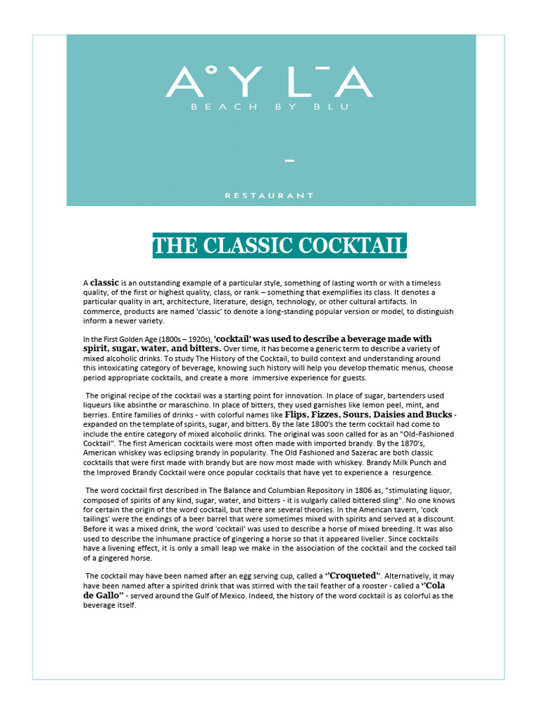AYLA Classic Cocktails | PDF | Martini (Cocktail) | Cocktails