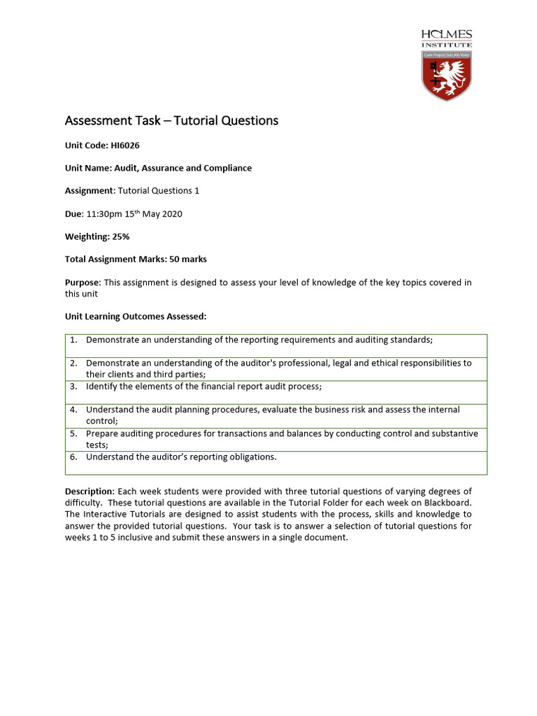 HI6026 Audit Tutorial Questions Overview | PDF | Audit | Financial ...