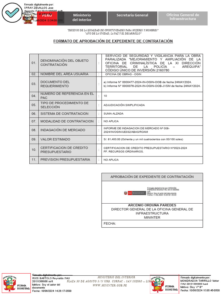 Formato de Aprob Exp Contrat Seg y Vig Crimin Arequipa | PDF