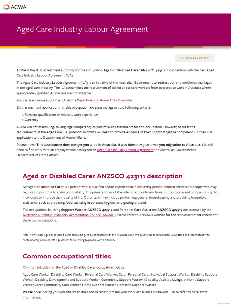 Aged Care Industry Labour Agreement: Aged or Disabled Carer ANZSCO 423111 Description | PDF ...