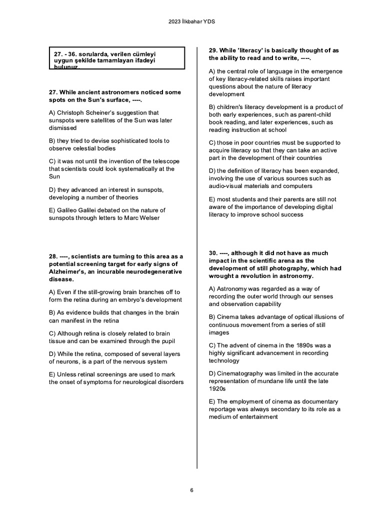 YDS 2023 Ilkbahar CümleTamamlamaSoruları | PDF