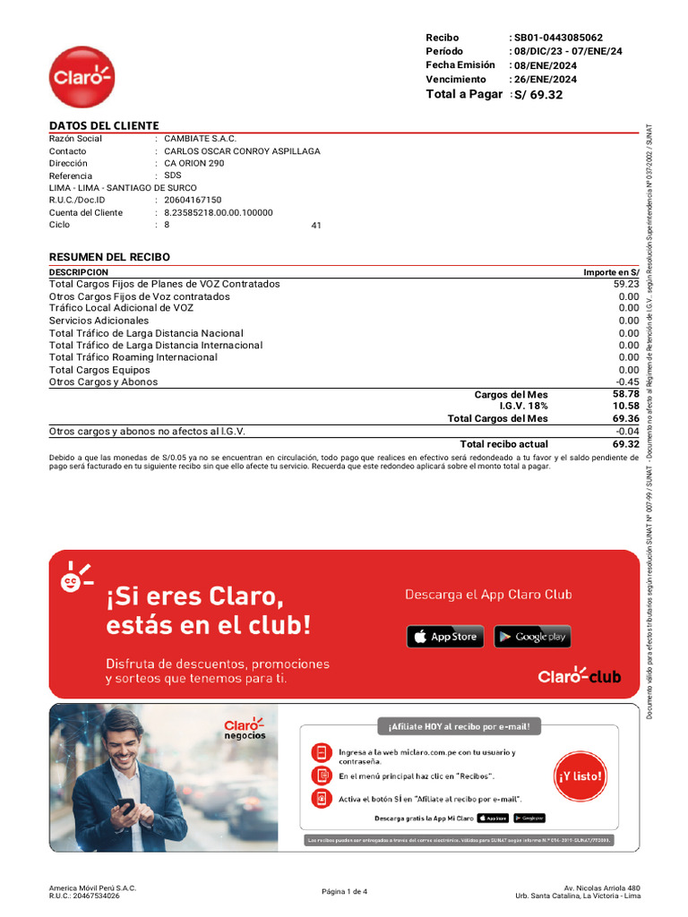 Recibo Claro Chile - Diciembre 2023 | PDF | Teléfonos móviles ...