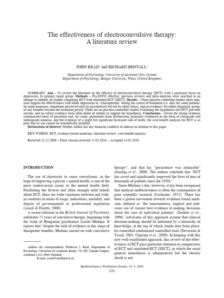 ECT Effectiveness: A Literature Review | PDF | Electroconvulsive ...