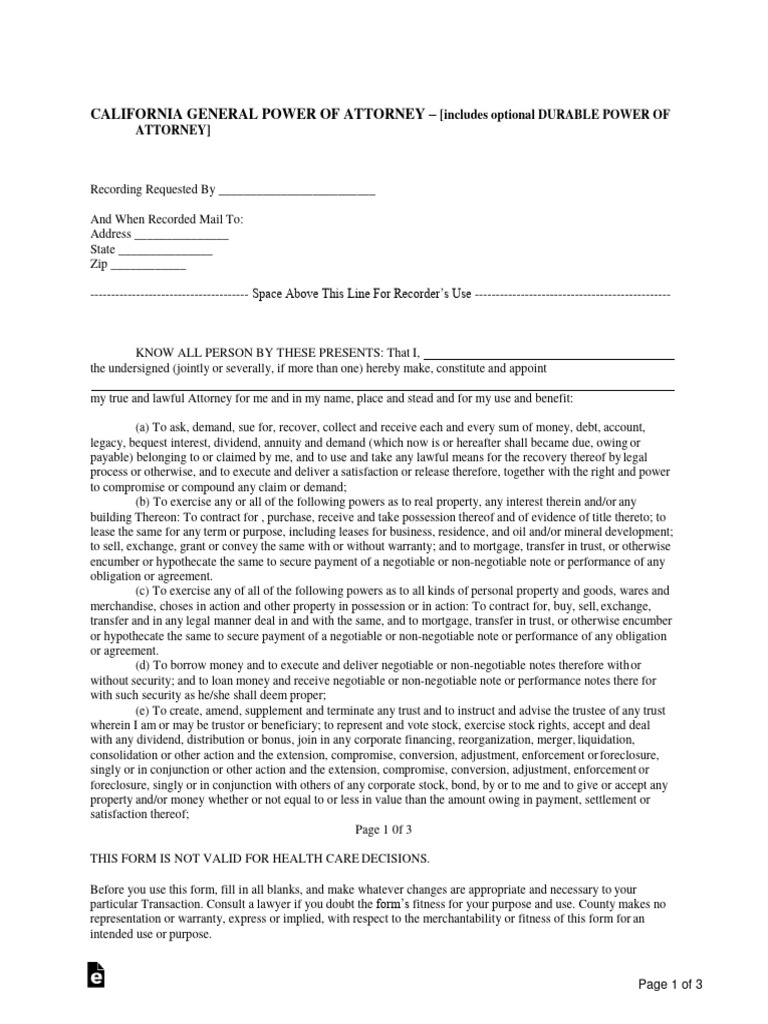 Ca General Power of Attorney Form | PDF | Power Of Attorney | Mortgage Law