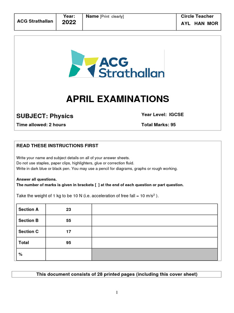 IG Physics Sem 1 Exam 2022 | PDF | Radioactive Decay | Force