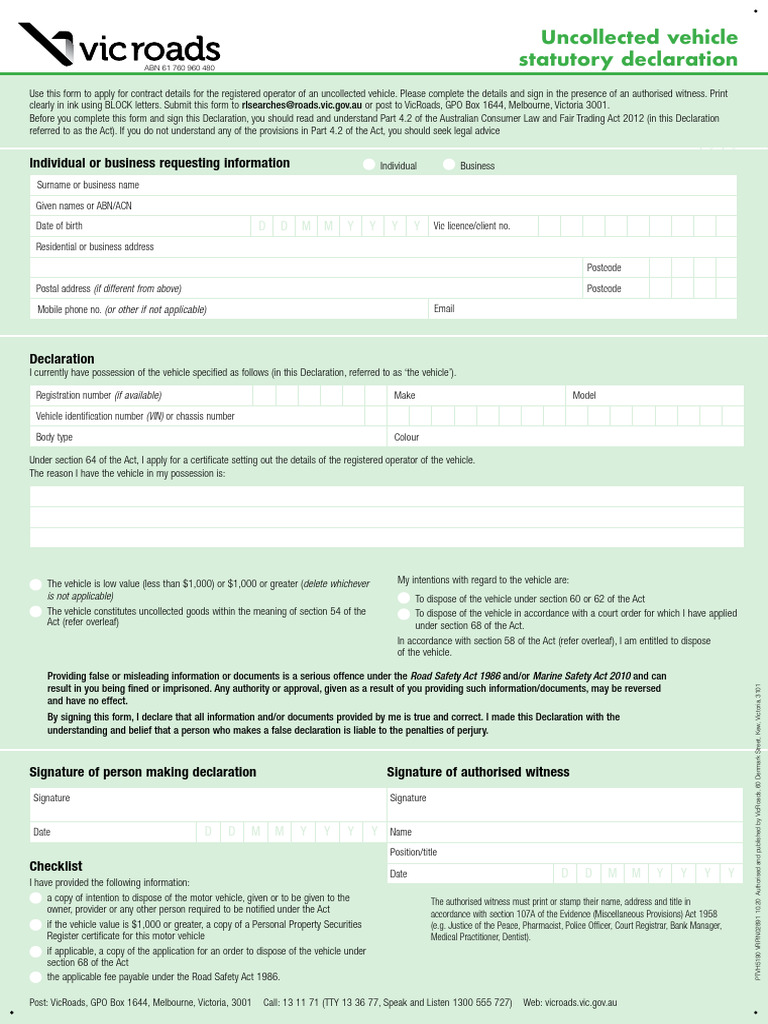 Uncollected - Vehicle - Statutory Declaration | Download Free PDF ...