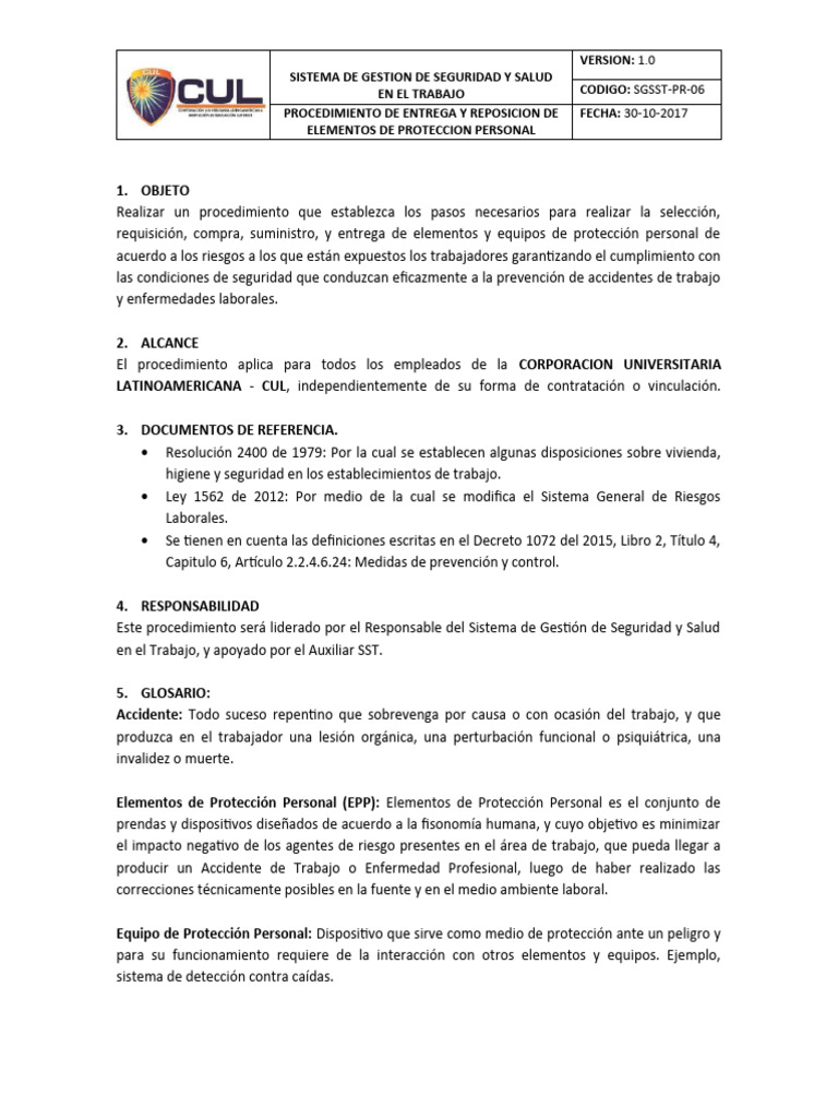 Procedimiento Entrega y Reposicion Epp | PDF