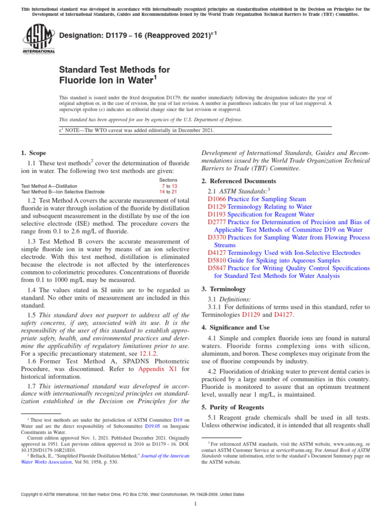 D1179-16 (2021) Standard Test Methods For Fluoride Ion in Water | PDF ...