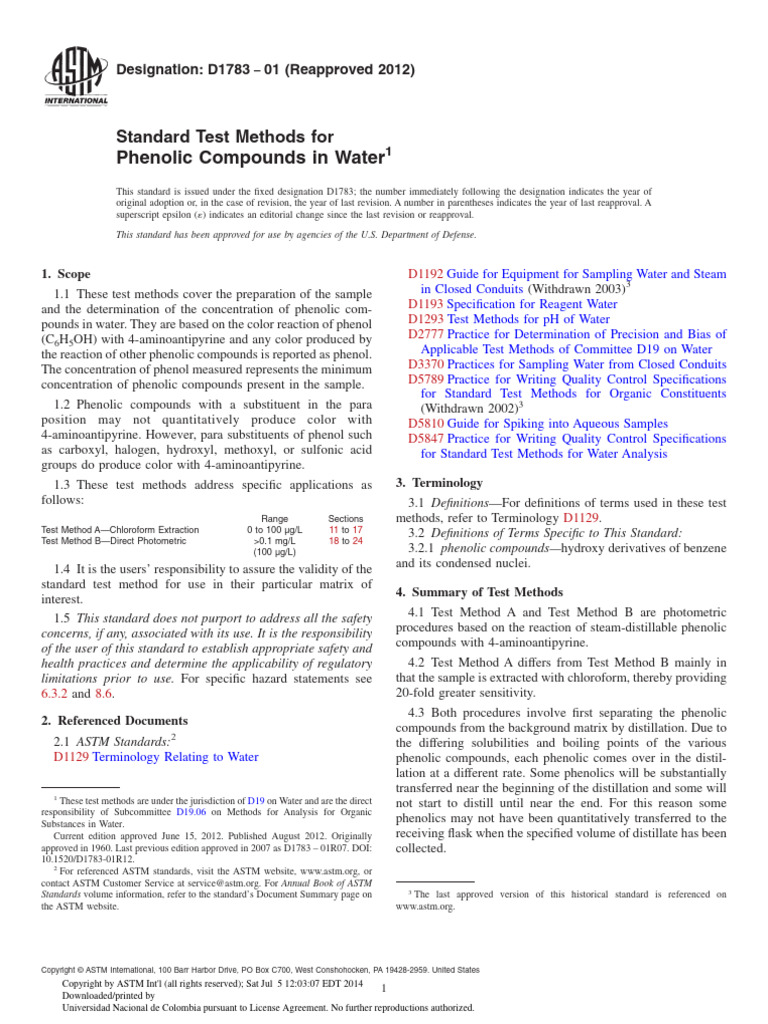 D1783-01 (2012) Standard Test Methods For Phenolic Compounds in Water ...