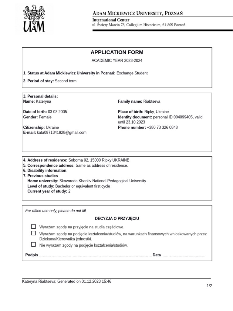 UAM Application Form | PDF