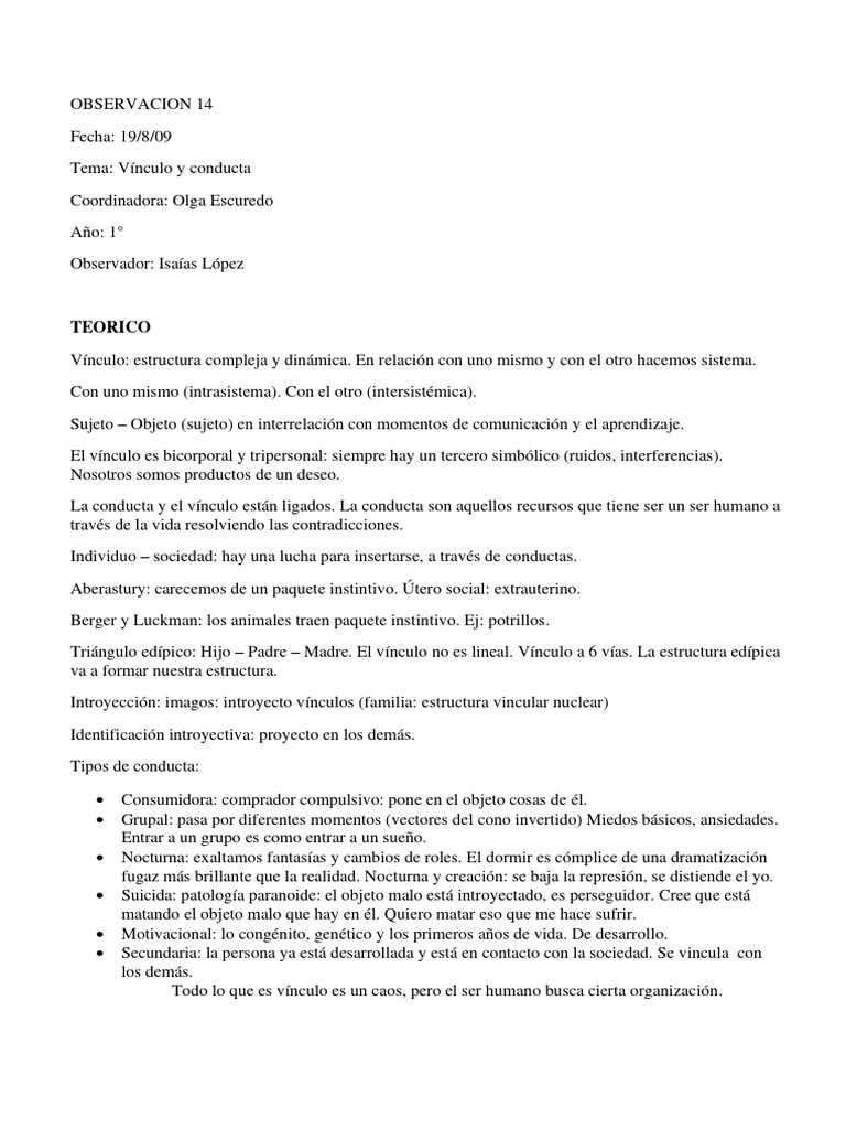 Cronica 14 - Vínculo y Conducta. | PDF | Comportamiento | Sicología