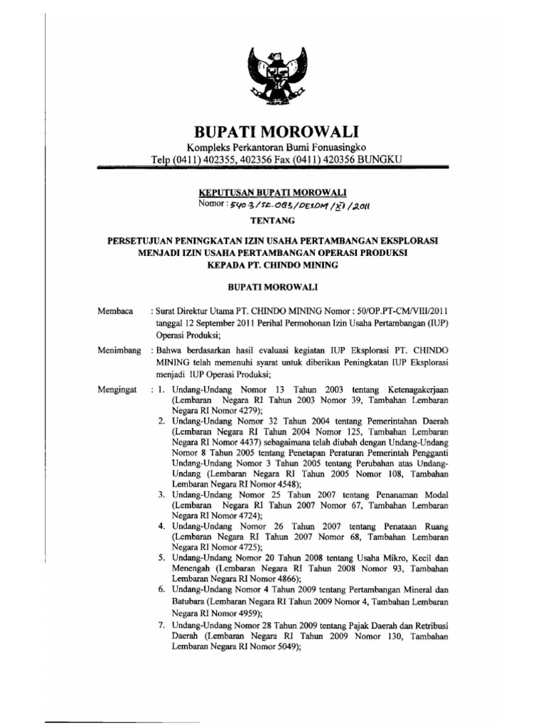 Iup Operasi Produksi Pt. Chindo Mining | PDF
