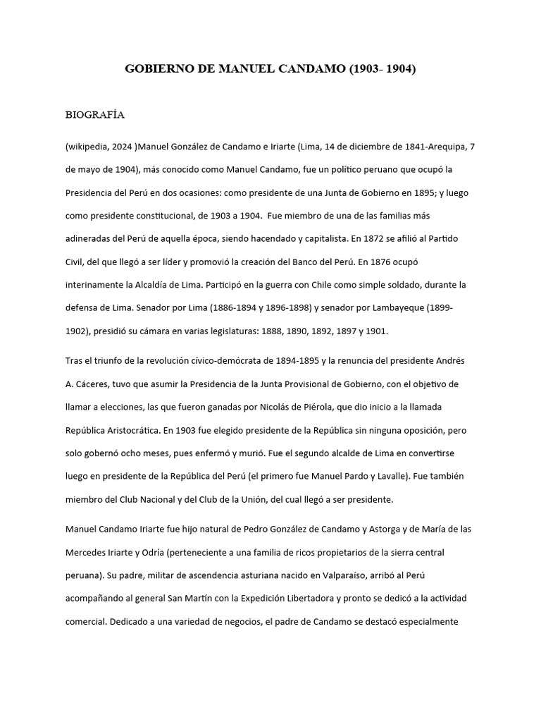 Gobierno de Manuel Candamo | PDF | América del Sur | Perú