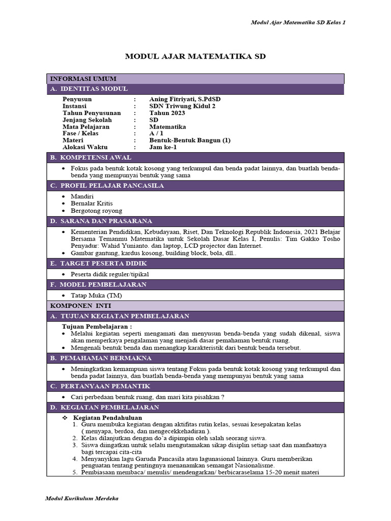 B. Modul Ajar Matematika Genap Bentuk Bentuk Bangun | PDF