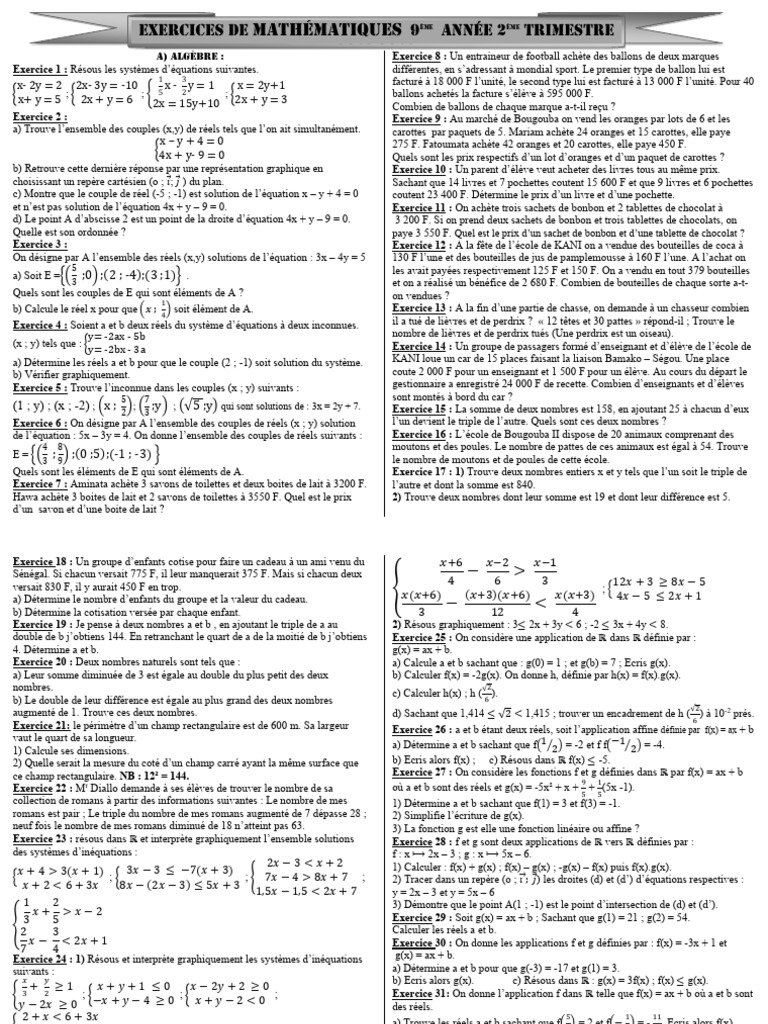 Exos Maths 9eme Q2 Q3 | PDF | Équations | Algèbre