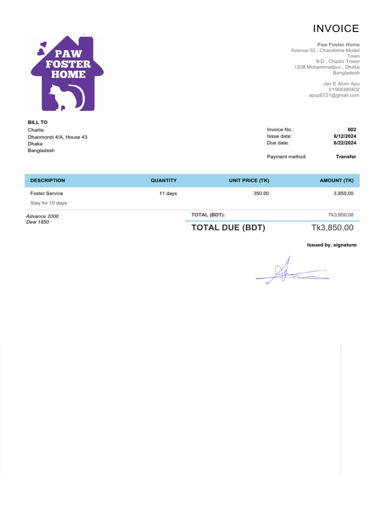 Invoice for Foster Service Payment | PDF