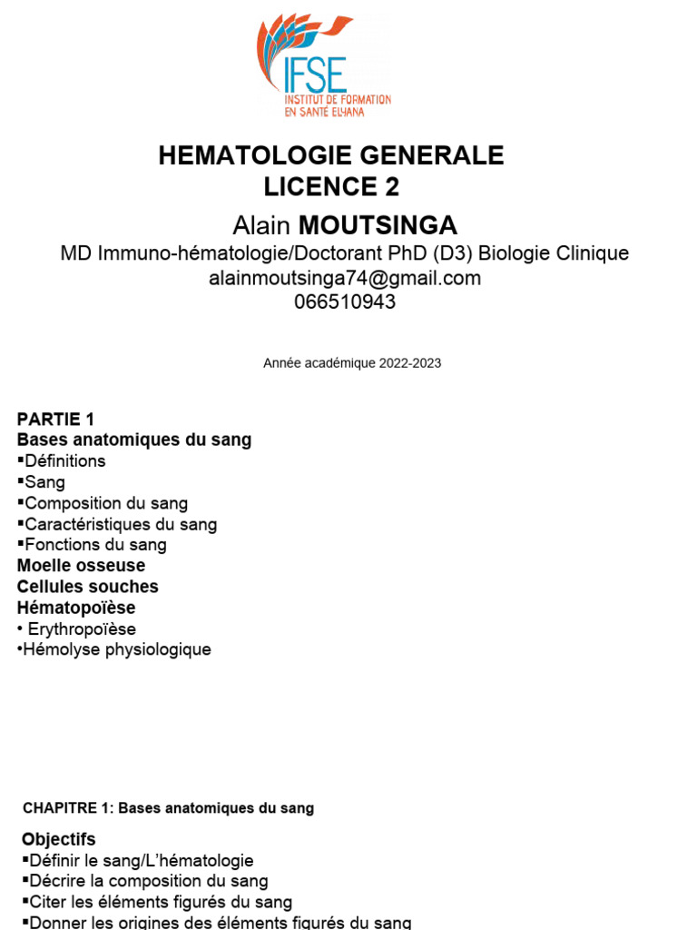 Cours Seance 1 l2 Ifse-1 | PDF | Hématopoïèse | Moelle osseuse