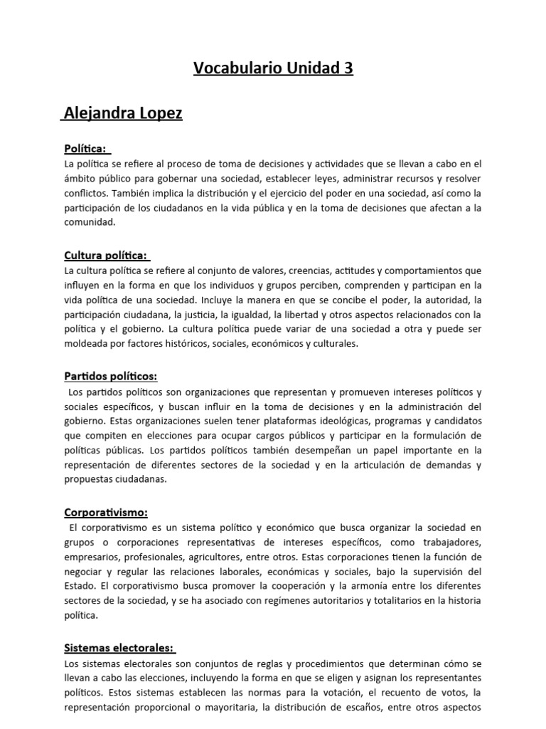 Vocabulario Unidad 3 (Alejandra Lopez) | PDF | Sociedad | Corporativismo