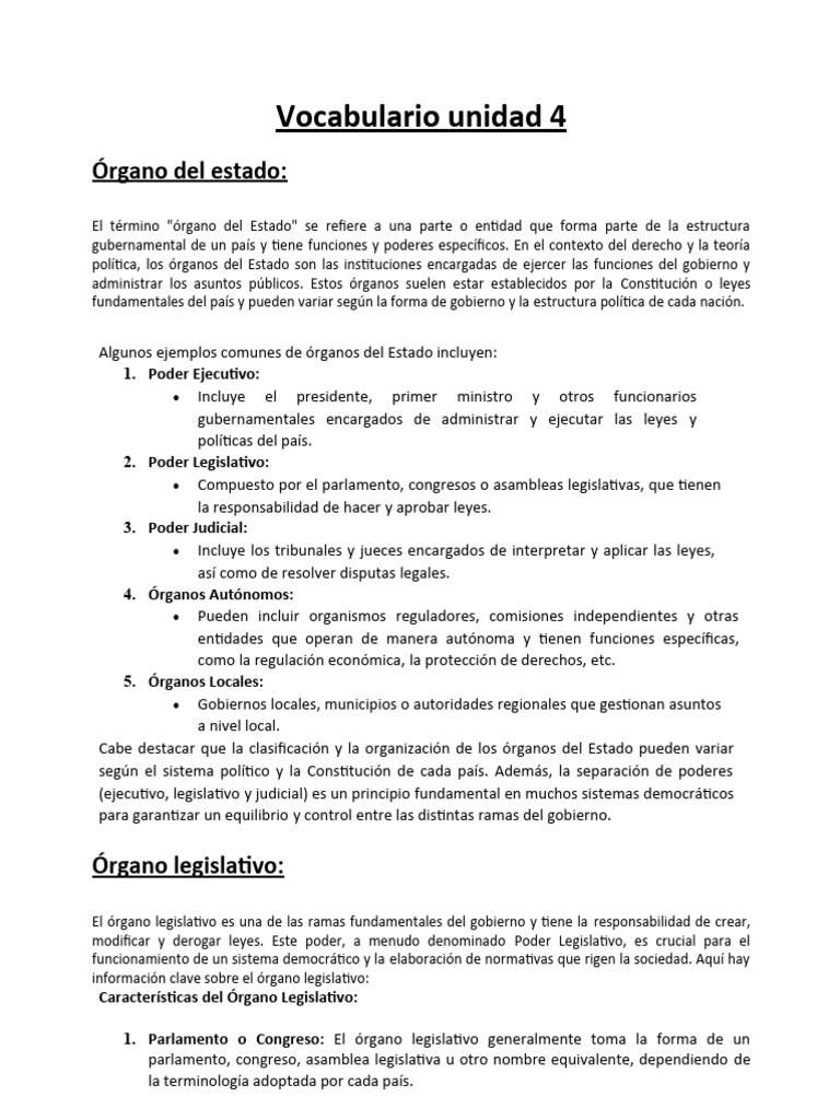 Vocabulario unidad 4 (Alejandra Lopez) | PDF | Legislatura | Separación ...