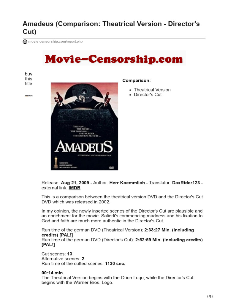 Amadeus Comparison Theatrical Version - Directors Cut | PDF | Mystery ...