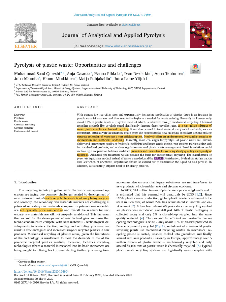 Pyrolysis of Plastic Waste - Opportunities and Challenges | PDF ...