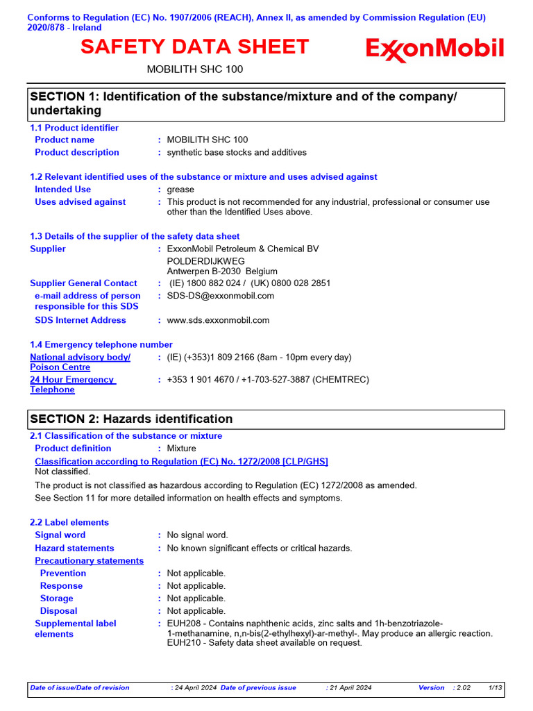 Ficha de Seguridad MOBIL MOBILITH SHC 100 | PDF | Toxicity | Waste
