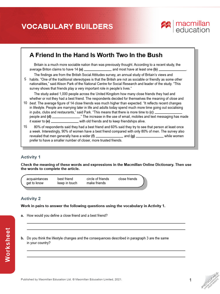Vocabulary Builders - Friends Worksheet | Download Free PDF | Social ...