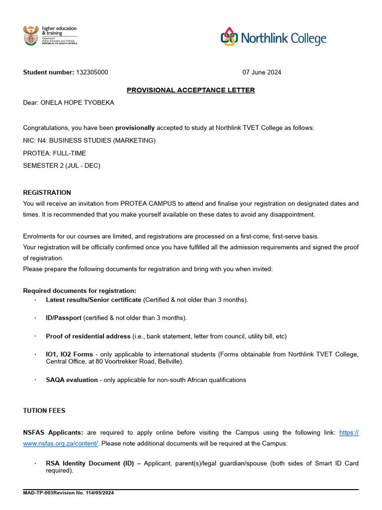 Provisional Acceptance Letter: MAD-TP-003Revision No. 114/05/2024 | PDF ...