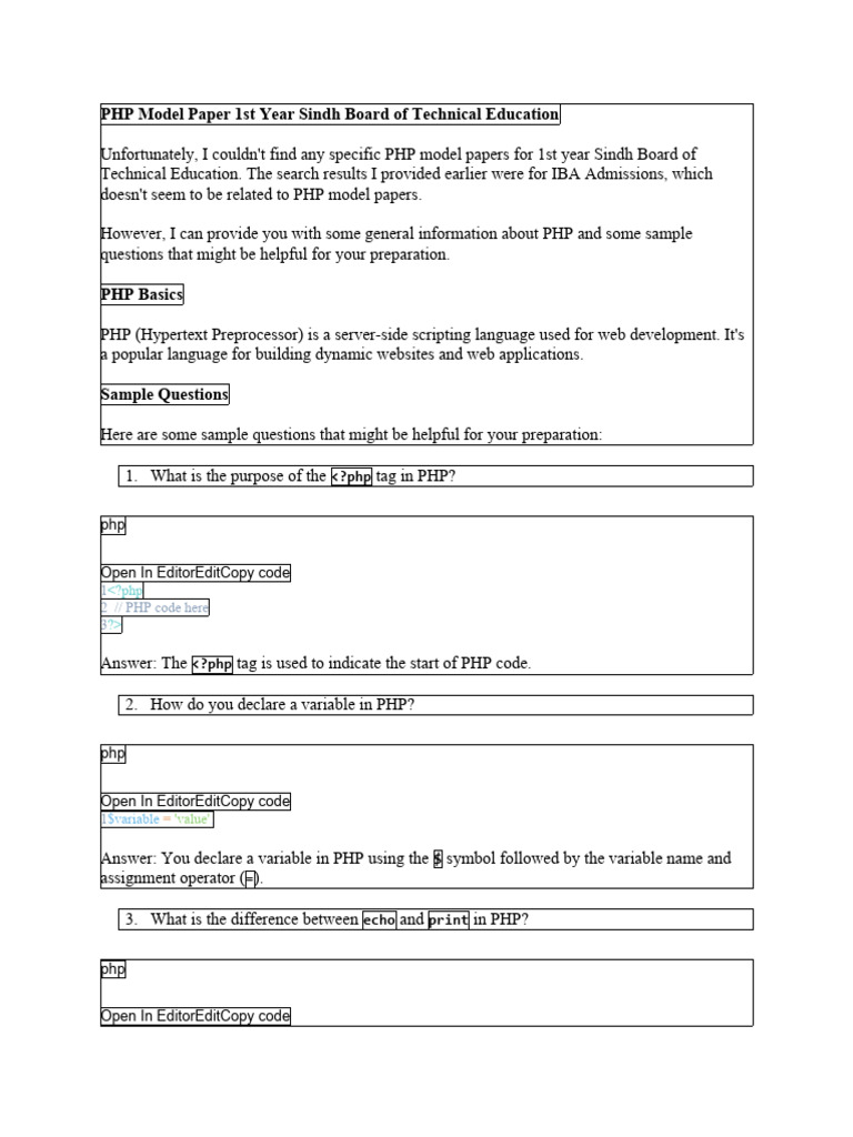 PHP Model Paper 1st Year Sindh Board of Technical Education | PDF | Php ...