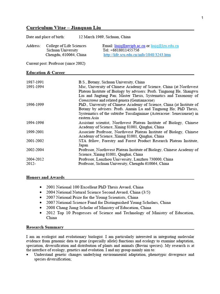 Curriculum Vitae Jianquan Liu 2021 | PDF | Evolution | Species