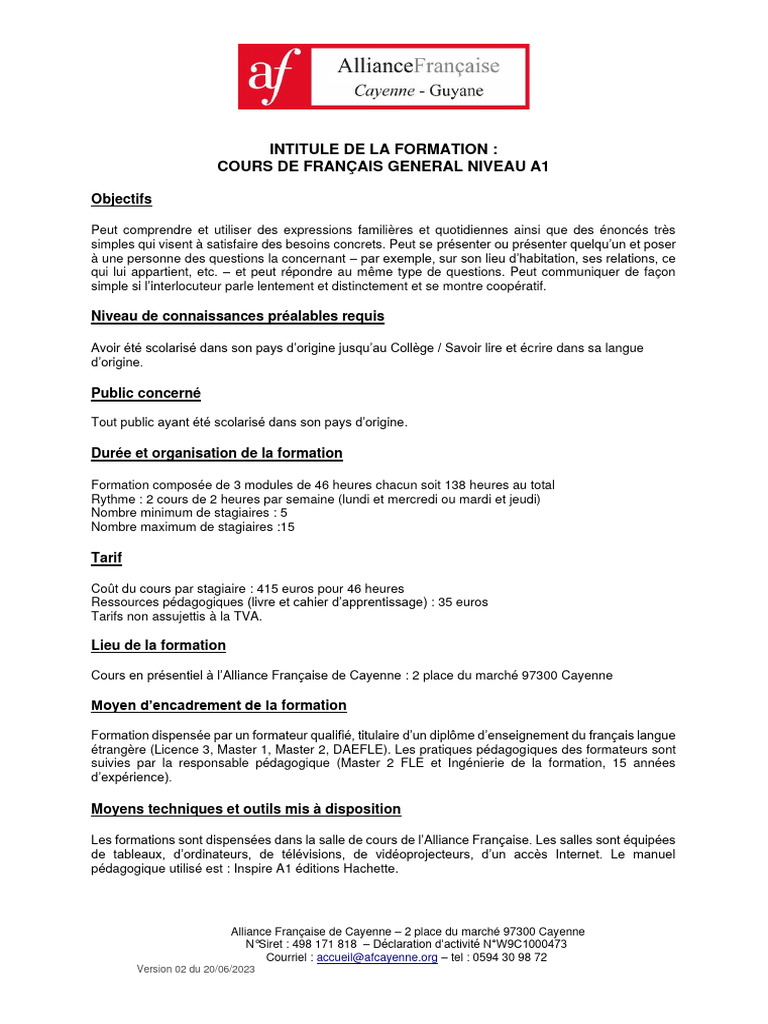 Cours de Français A1 à Cayenne | PDF | Pédagogie